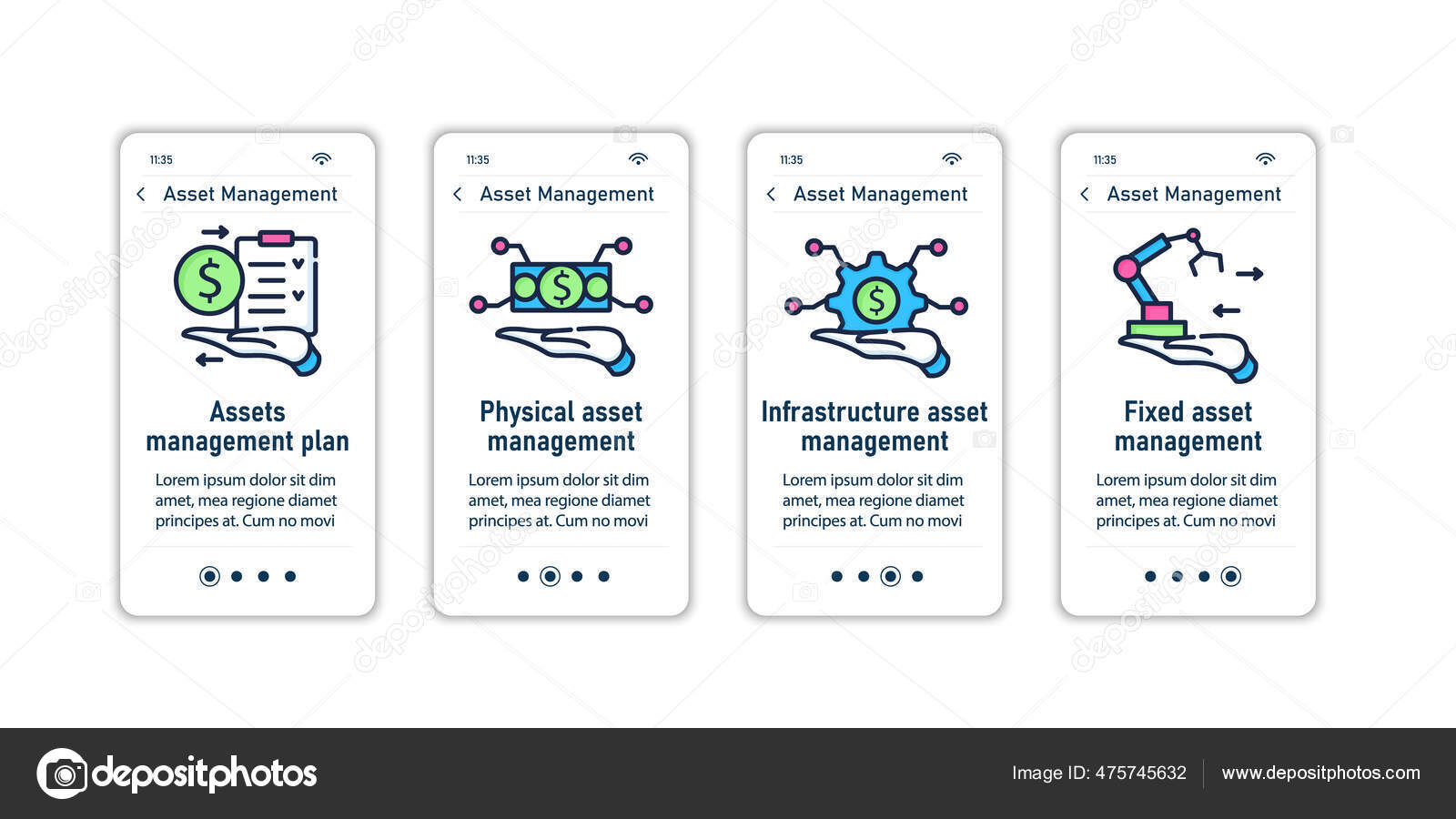 Asset management onboarding mobile app screens Stock Vector Image by ...