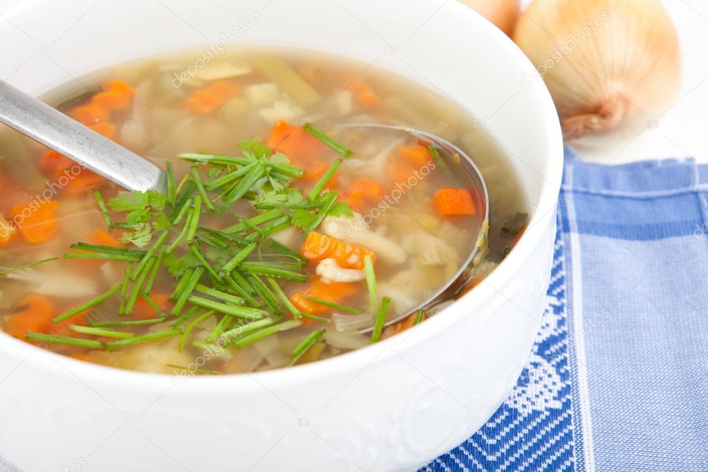 Vegetable soup in big white soup bowl, with a silver dipper inside ...
