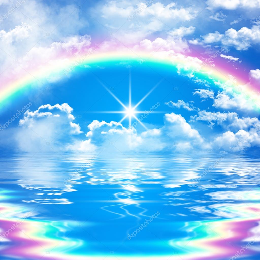 Impressive seascape illustration with rainbow on cloudy sky, bright ...