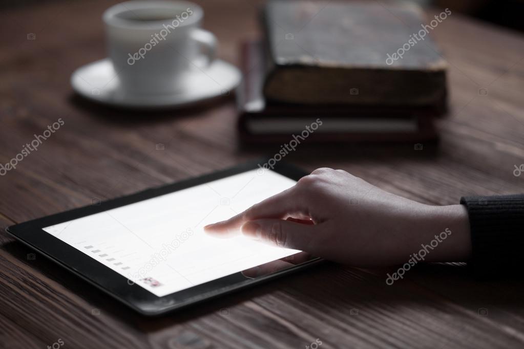Woman hand presses on screen — Stock Photo © 4masik #72123493
