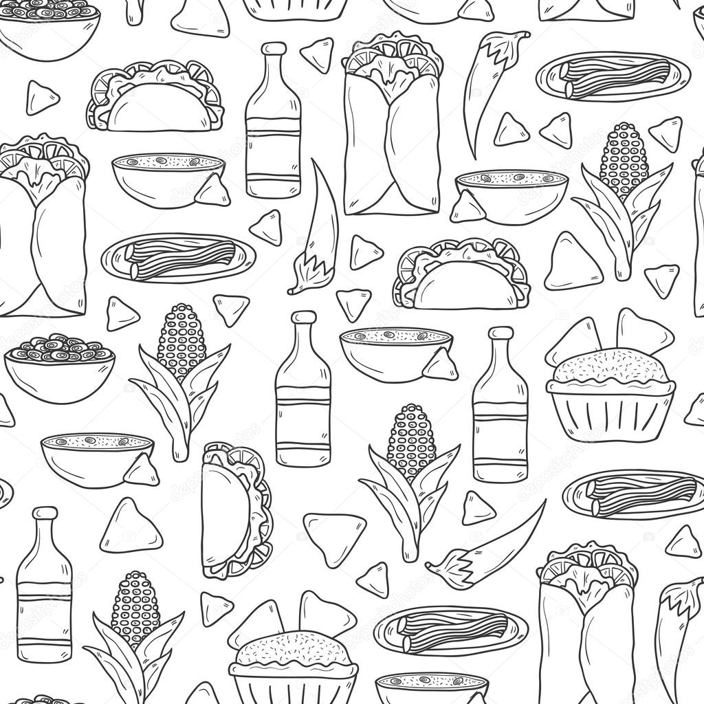 Seamless background with cute cartoon hand drawn outline objects on ...