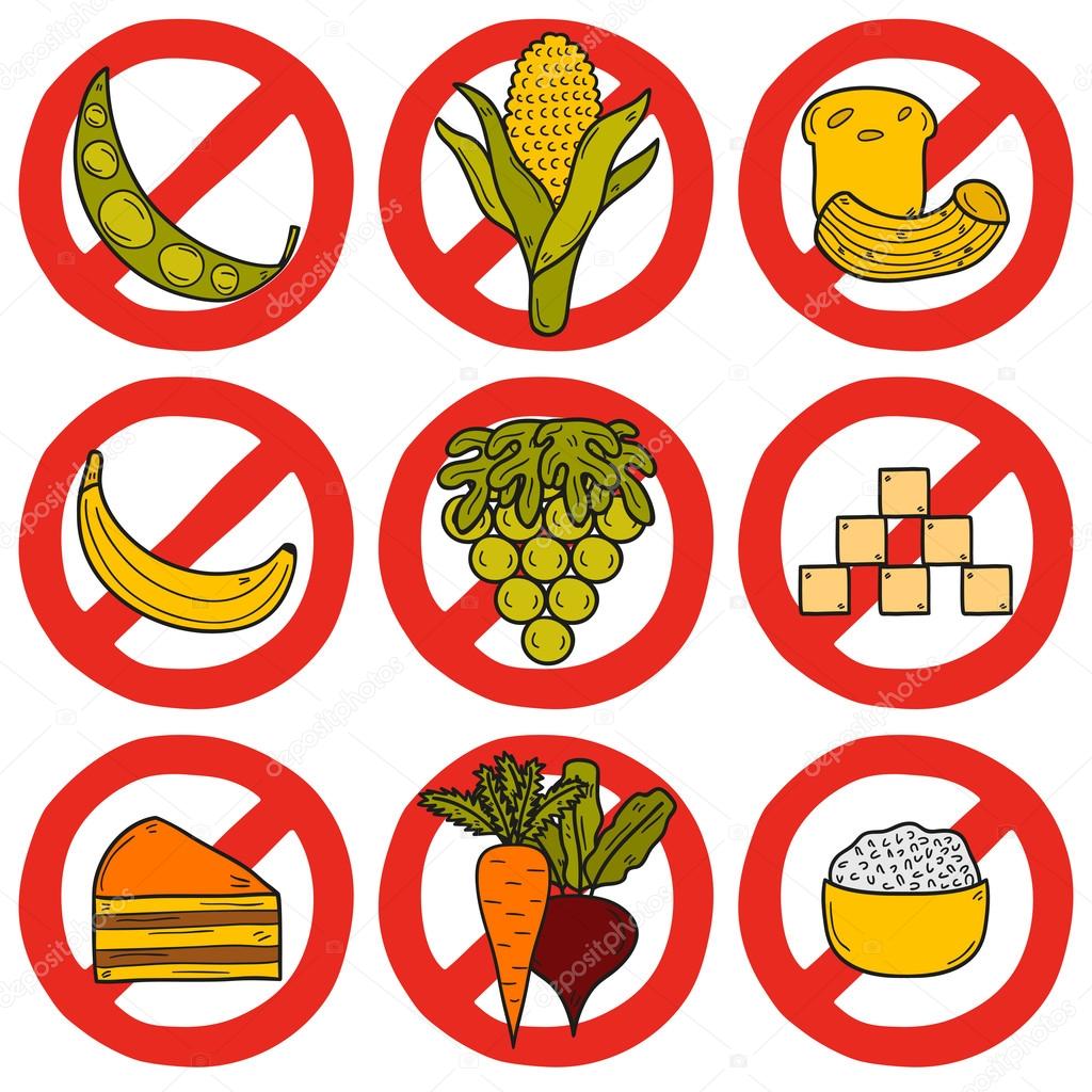 Conjunto de productos prohibidos durante la dieta paleo en dibujos ...