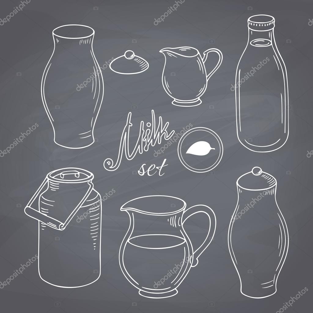 Set of hand drawn dairy farm objects. Milk goods clip art. Chalk style ...