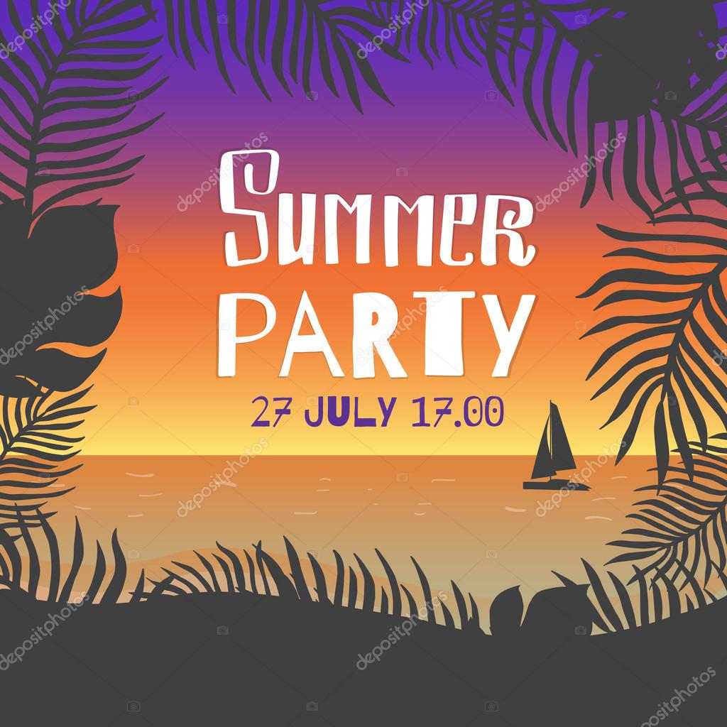 Summer party. Vector poster leaves of palm trees and tropical flowers ...