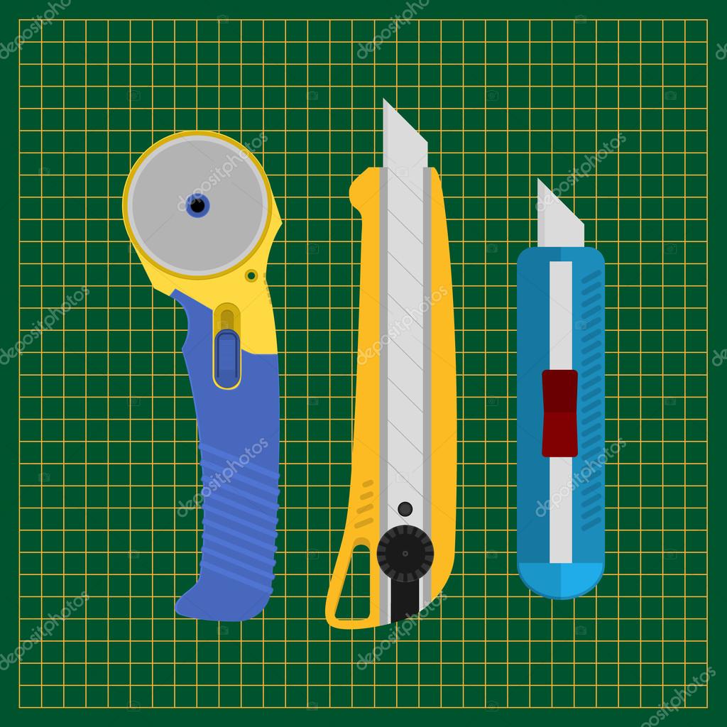 Tools for cutting paper and fabric. Stationery knife, cutting mat ...