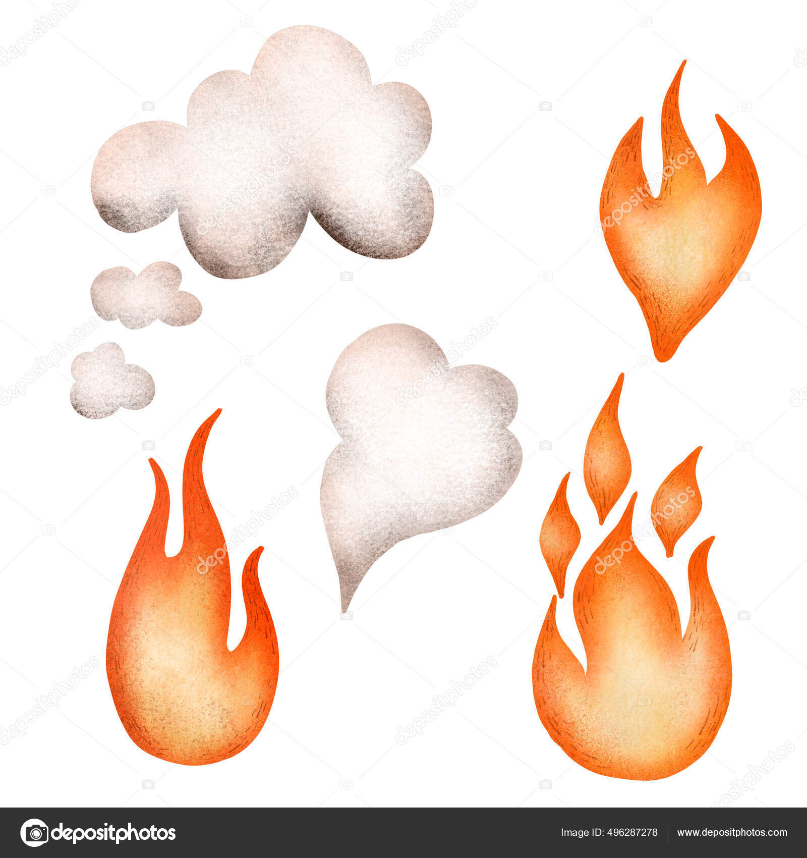 Cartoon Digital Illustration Fire Smoke Cute Bright Orange Flaming ...