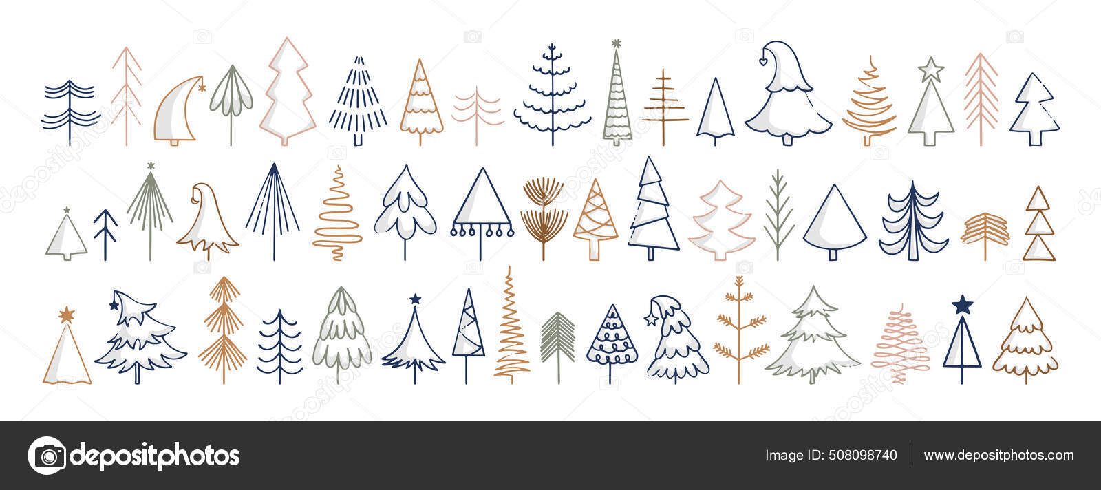 Hand Drawn Colorful Line Art Collection Pine Trees Isolated White Stock ...