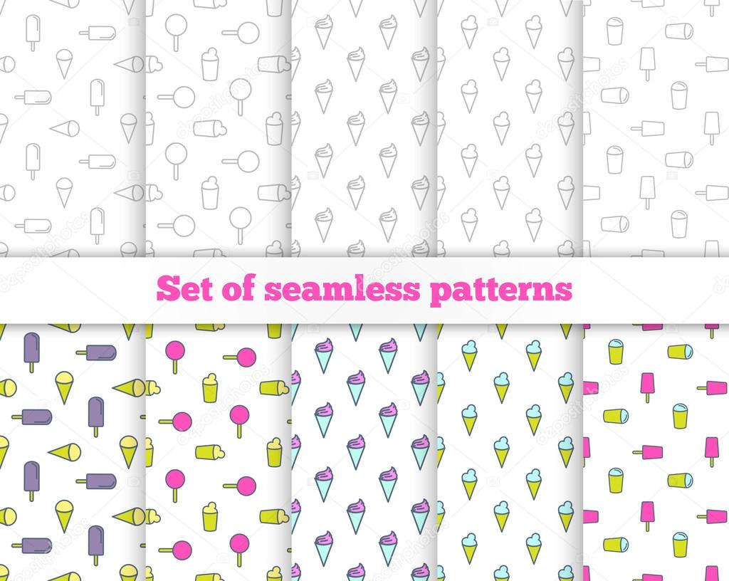 Set seamless patterns. Line design, ice cream. Vector illustrati Stock ...