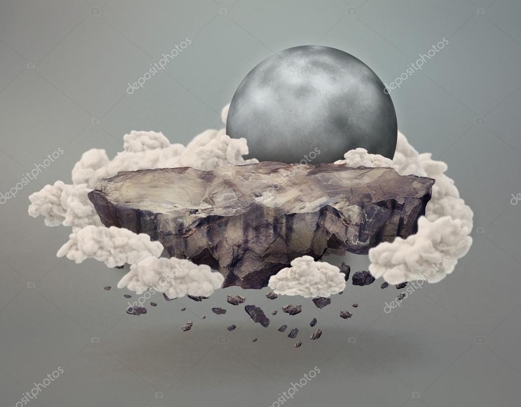Floating Rock Island with a Moon Surrounded by Clouds Stock Photo by ...