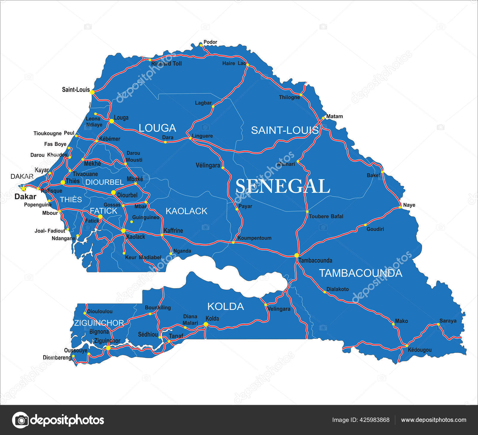 Senegal Mapa Vectorial Altamente Detallado Con Regiones Administrativas ...