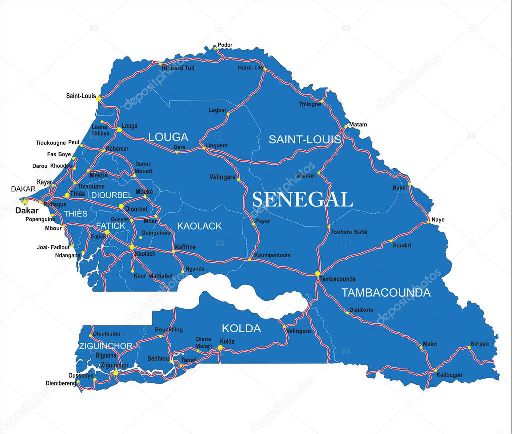 Senegal Mapa Vectorial Altamente Detallado Con Regiones Administrativas ...