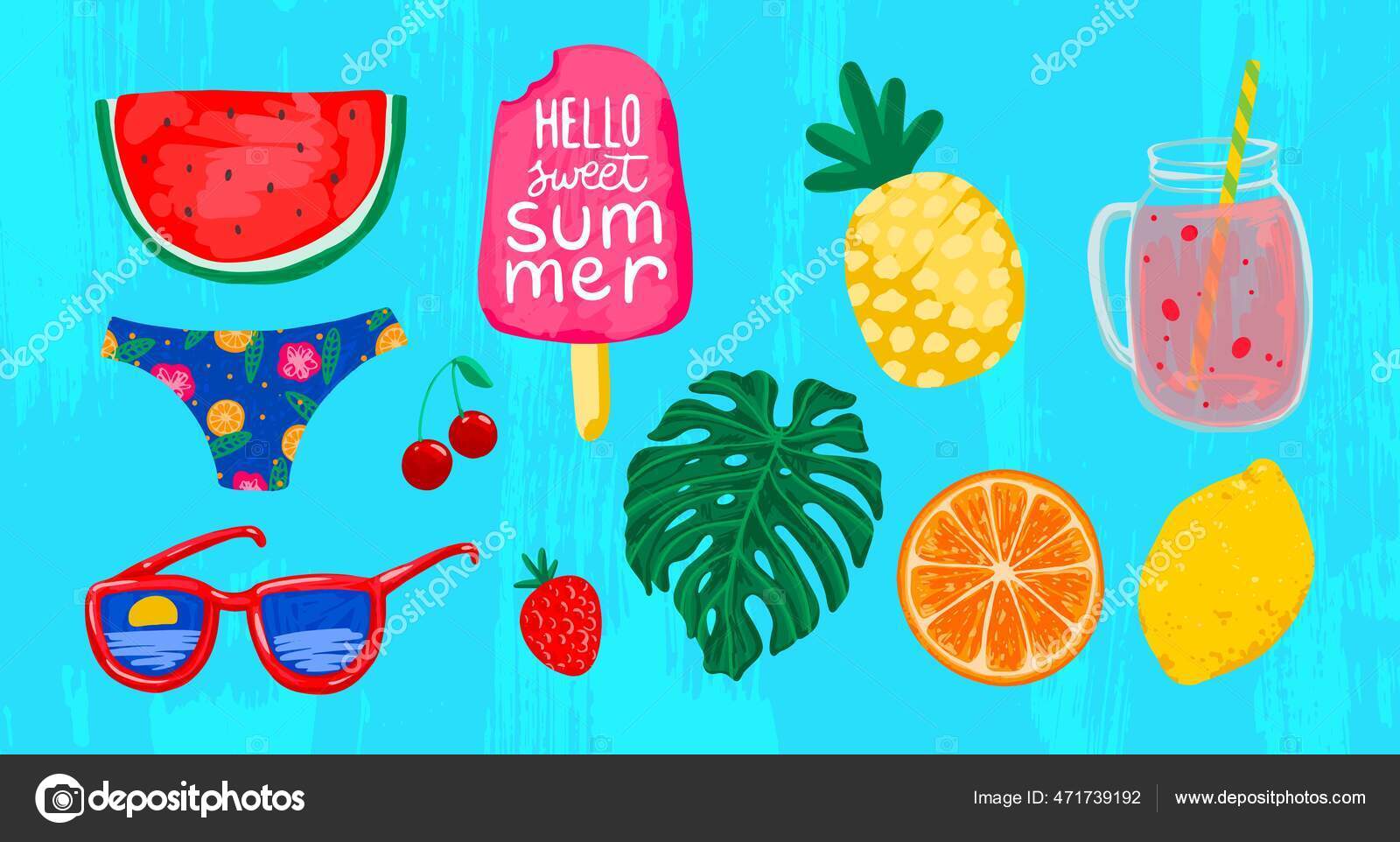 Summer illustration. Drawings of watermelon, fruits, monstera leaf, ice ...