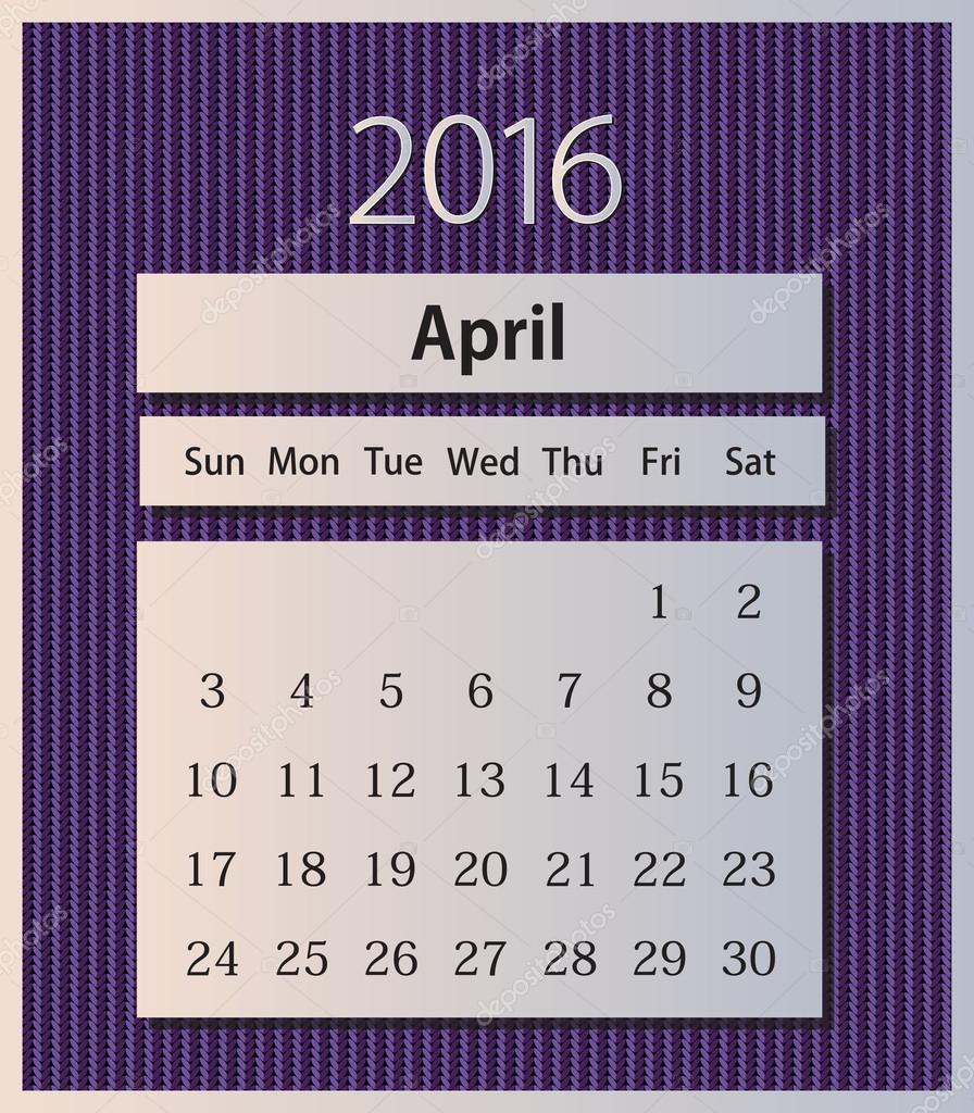 Sample calendar 2016 on knitted background vector, April Stock Vector ...