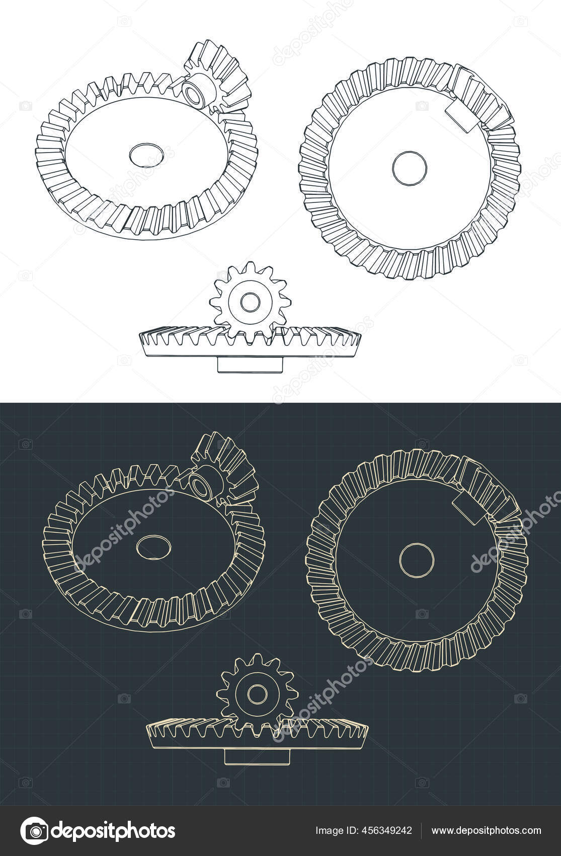 Stylized Vector Illustrations Helical Bevel Gear Pair Blueprints Stock ...