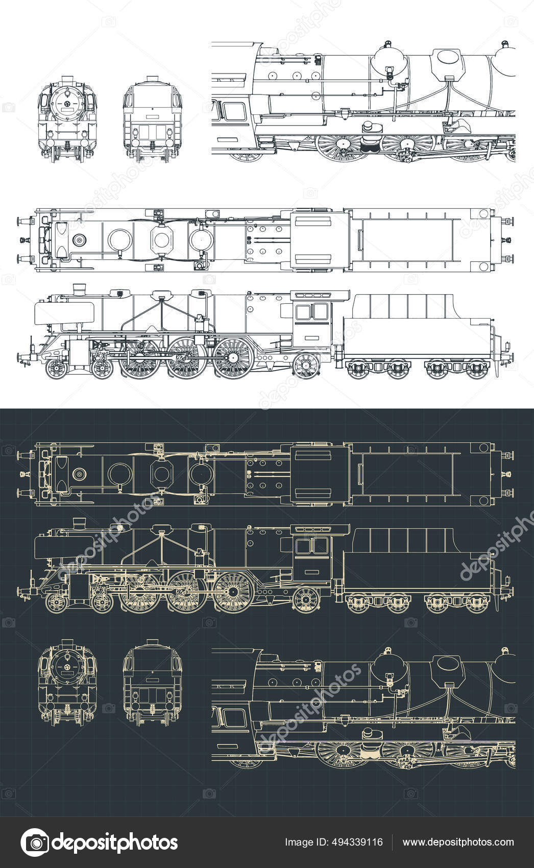 Stylized Vector Illustration Blueprints Steam Locomotive Stock Vector ...