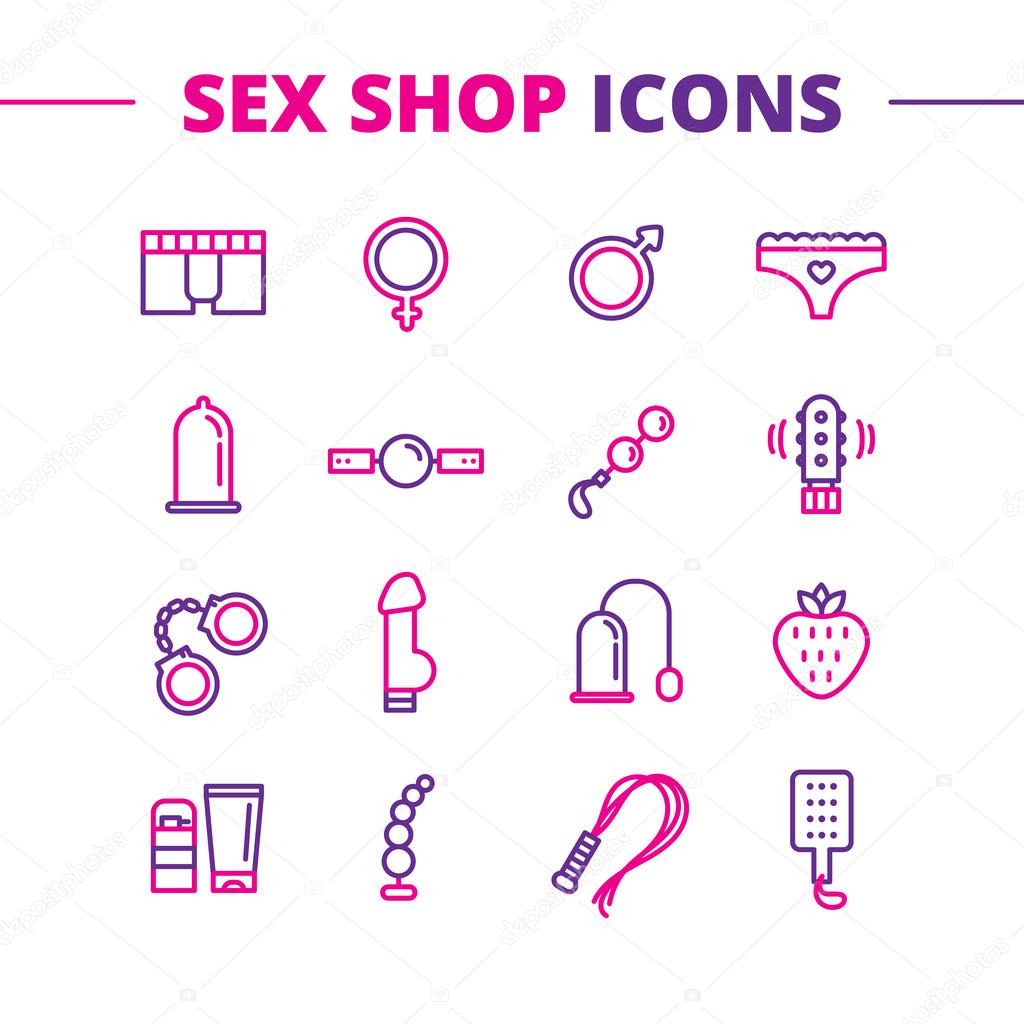 Vector Sex Shop Icons Set Trendy Two Color Line Style Love Symbols