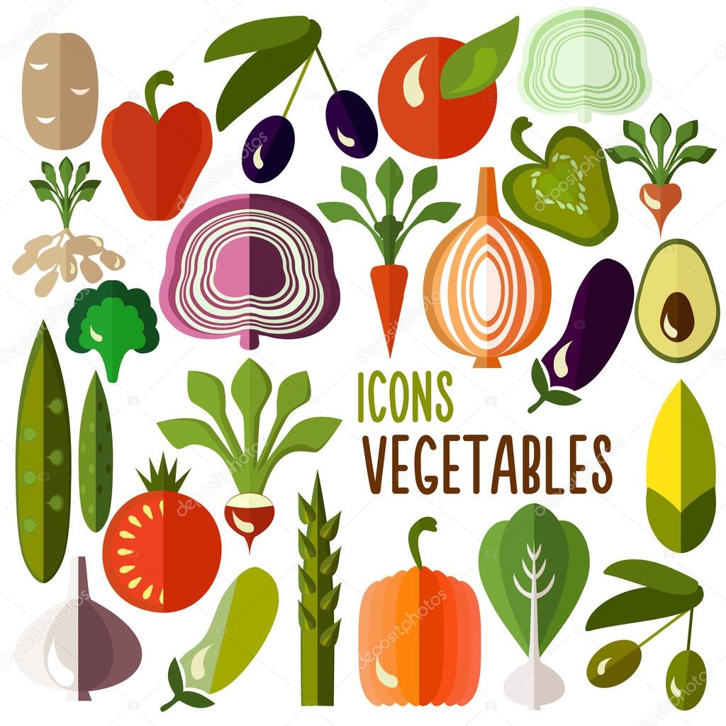 Vegetables icons: vector set of flat colorful food signs Stock Vector ...