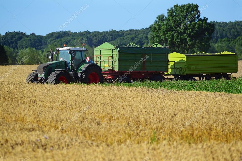 Tractor with two trailers at harvest on a wheat field – Stock Editorial ...