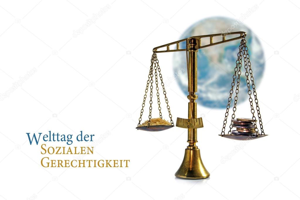 Judge balance in front of a blurred world globe on white, german Stock ...