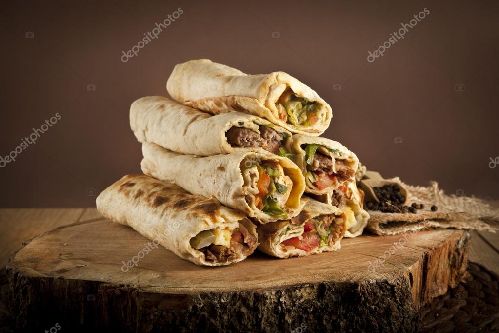 Turkish shawarma durum traditional sish kebab wrap — Stock Photo ...