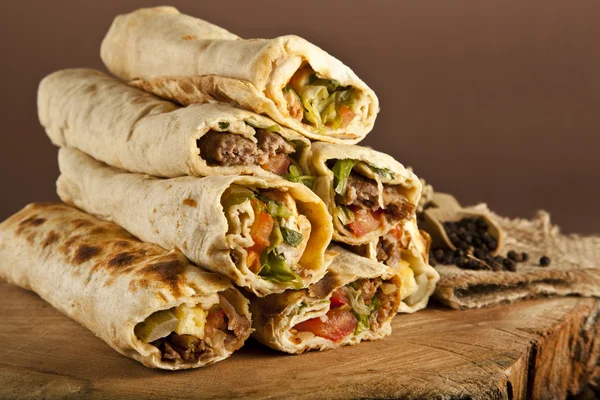 Turkish shawarma durum traditional sish kebab wrap — Stock Photo ...