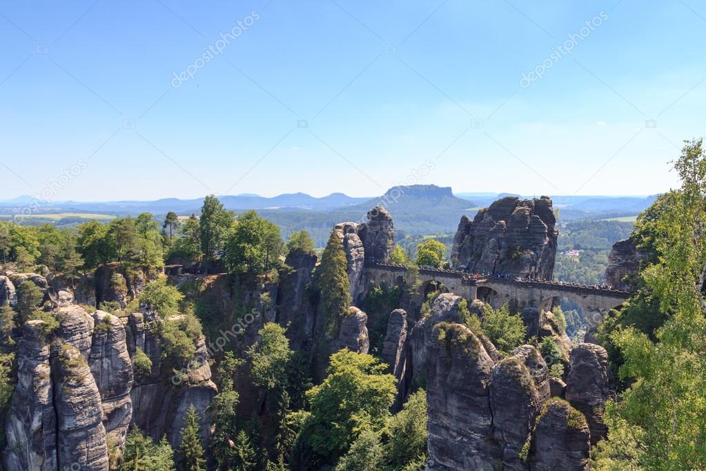Panorama with Bastei Bridge, Neurathen Castle and table mountain ...