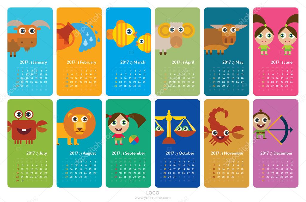 Calendar 2017 with signs of zodiac. — Stock Vector © olania #96318592
