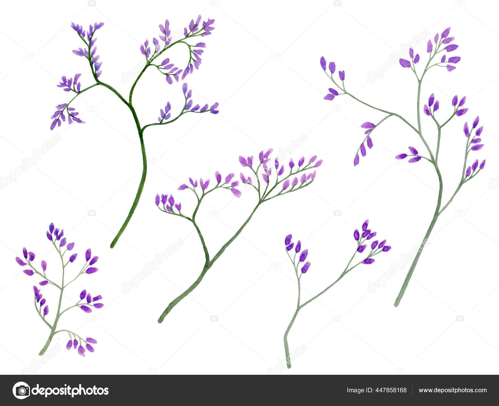 Watercolor illustration of violet little flowers on branches for ...