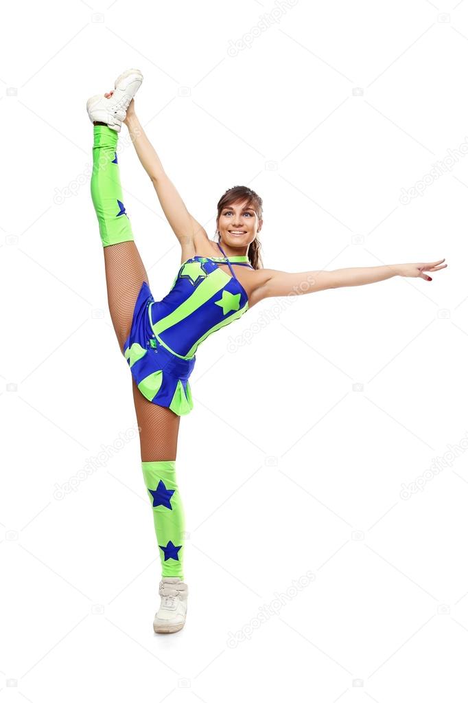 Cheerleader girl do the splits isolated on white — Stock Photo ...