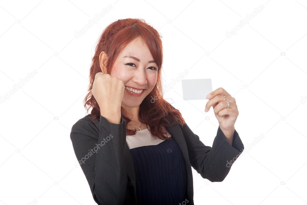 Asian office girl successfully getting a card — Stock Photo ...