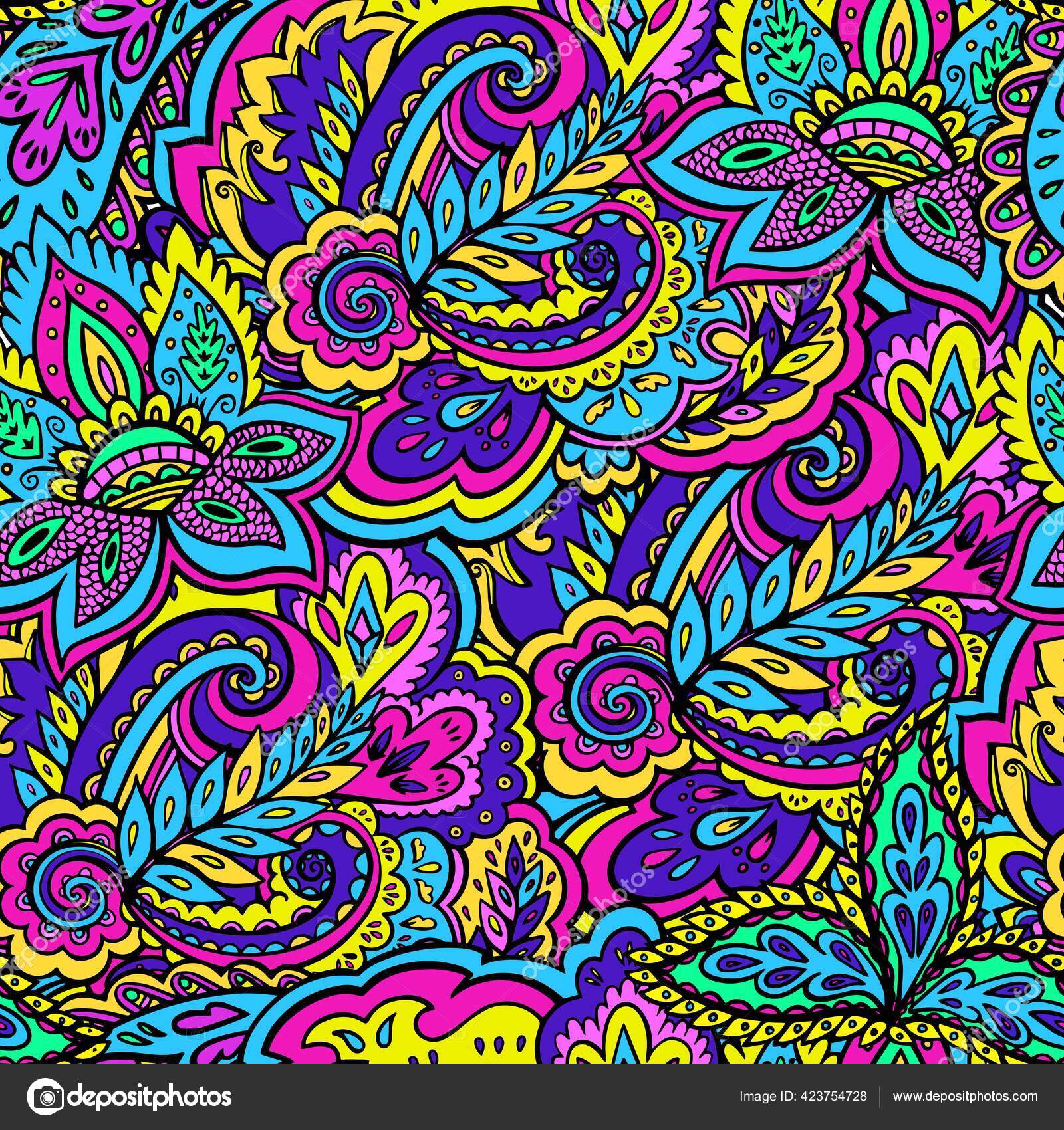 Psychedelic bright seamless texture with colorful plant and floral ...