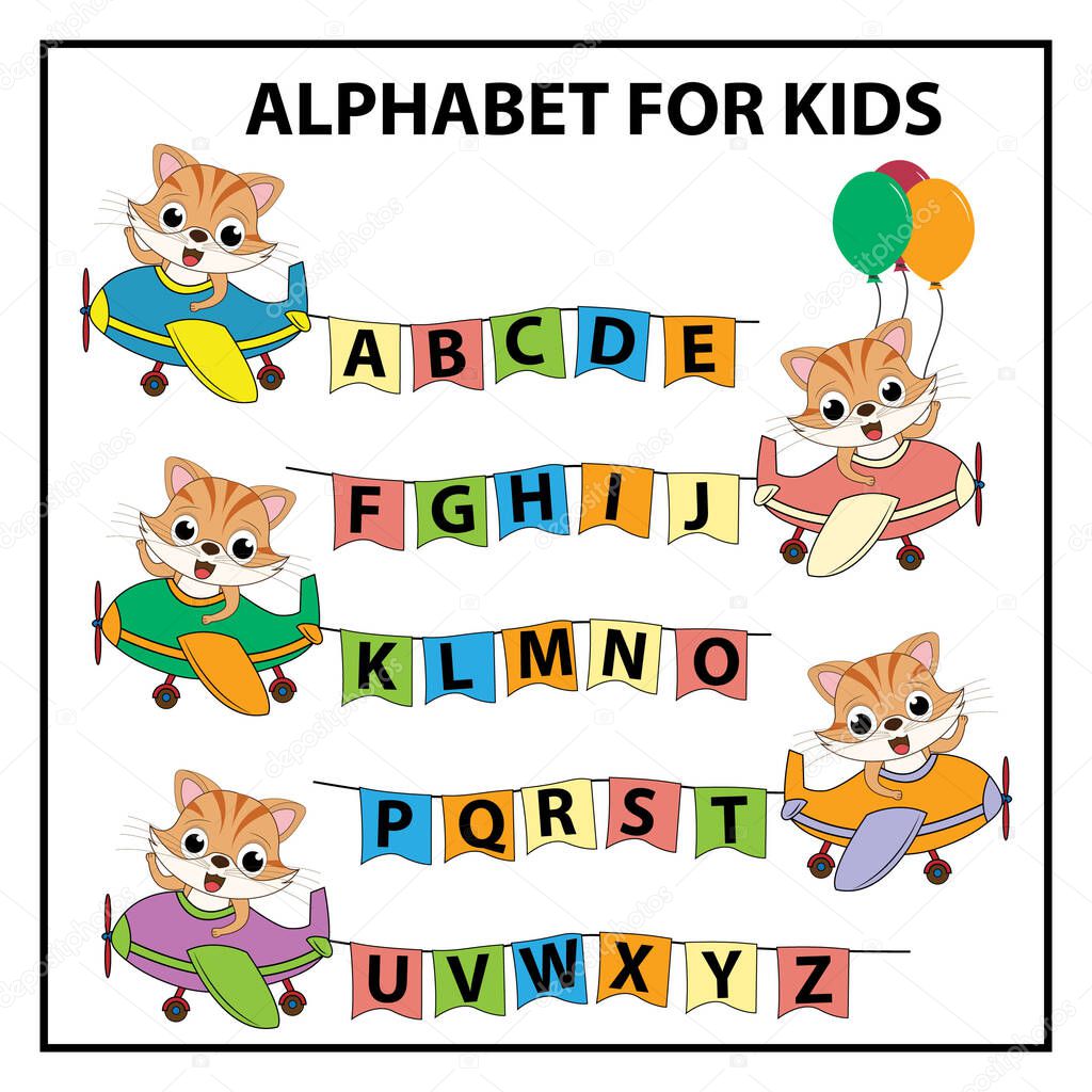 gato lindo en el plano con letras del alfabeto, ilustración vectorial ...