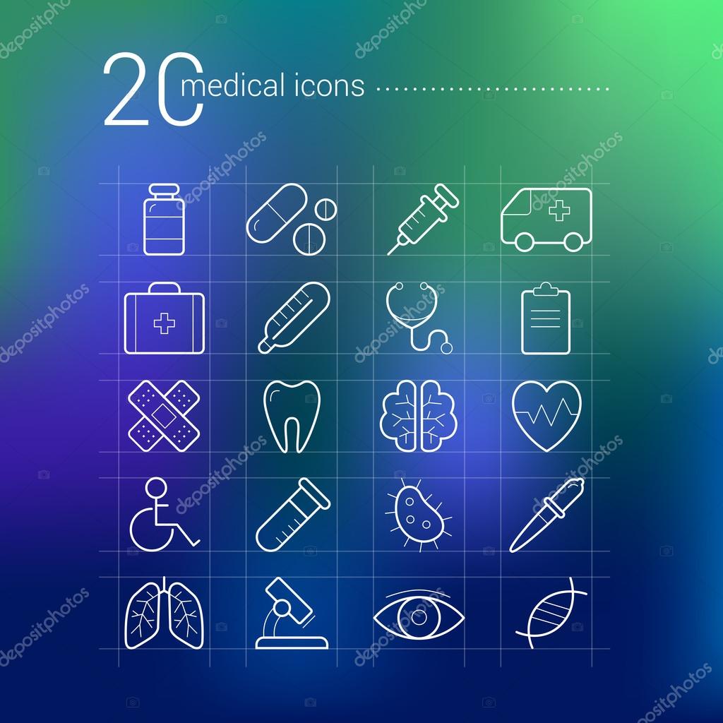 Set of cute vector medical line icons on a blur blue-green background ...