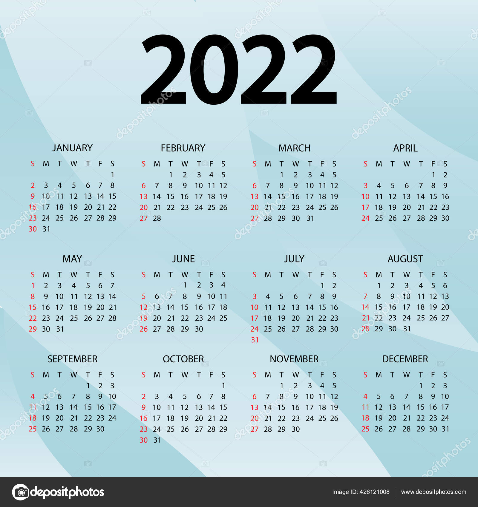 Calendar 2022 Year Vector Illustration Week Starts Sunday Annual ...