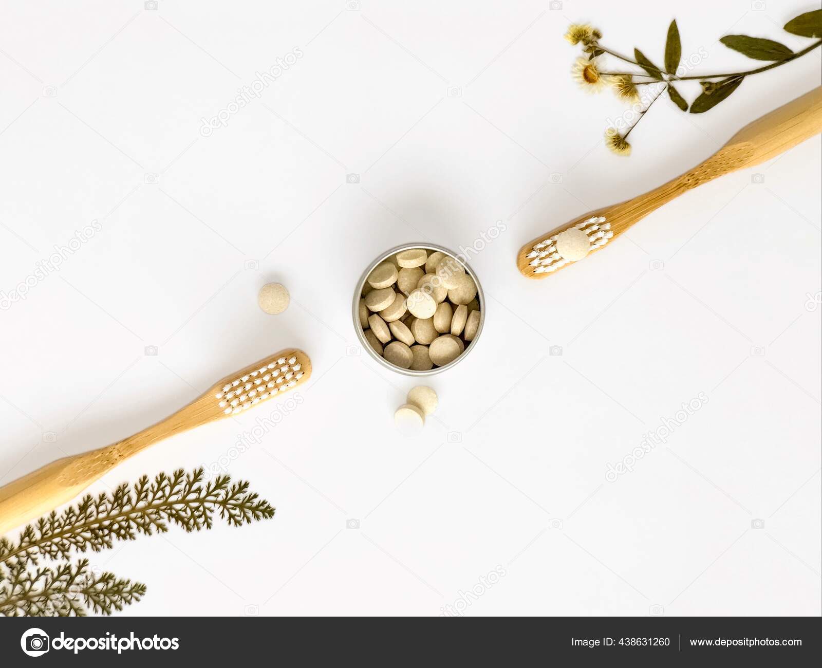 Bamboo Toothbrushes Toothpaste Tablets Dried Flowers Flatly White ...