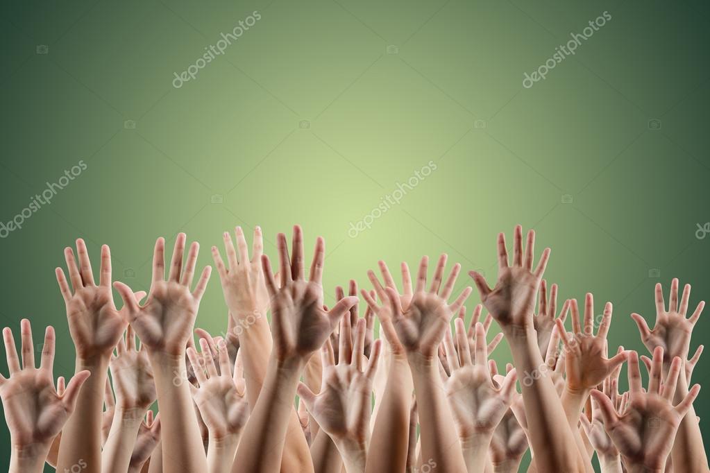 Many people's hands up isolated on white background. Various hands ...