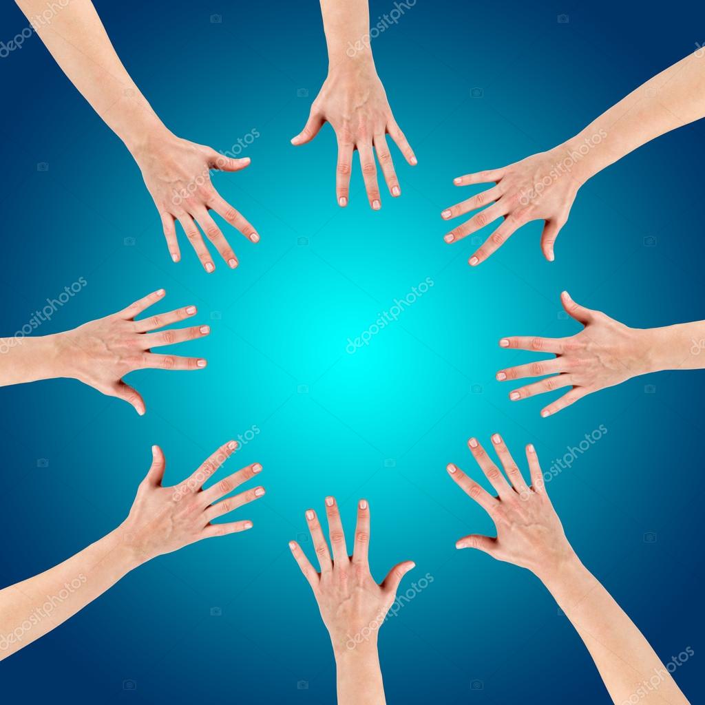 Group of eight hands at the circle together teamwork showing you Stock ...