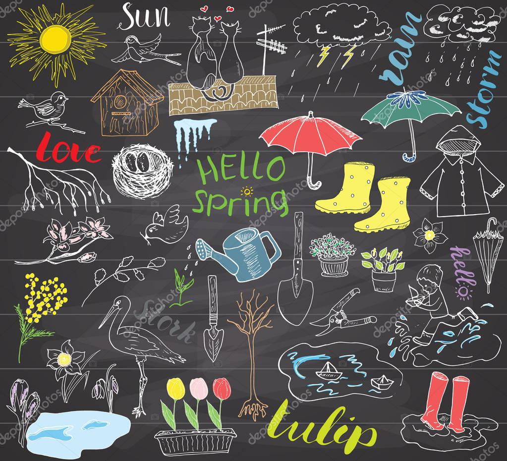 Spring season set doodles elements. Hand drawn sketch set with umbrella ...