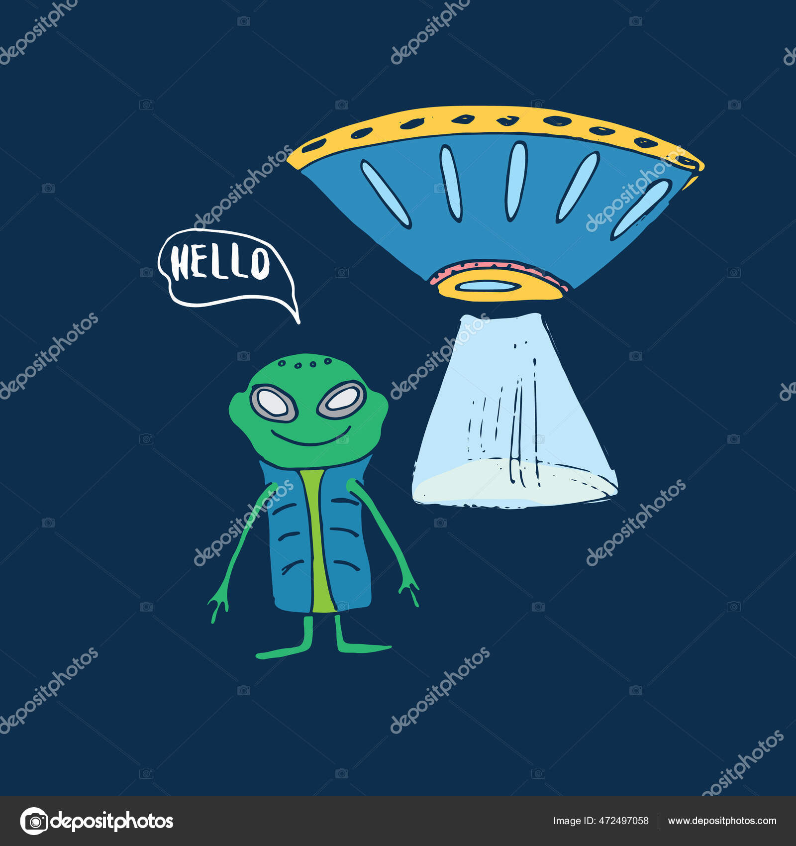 Lindo Alien Ufo Dibujos Animados Dibujado Mano Extraterrestres Nave ...