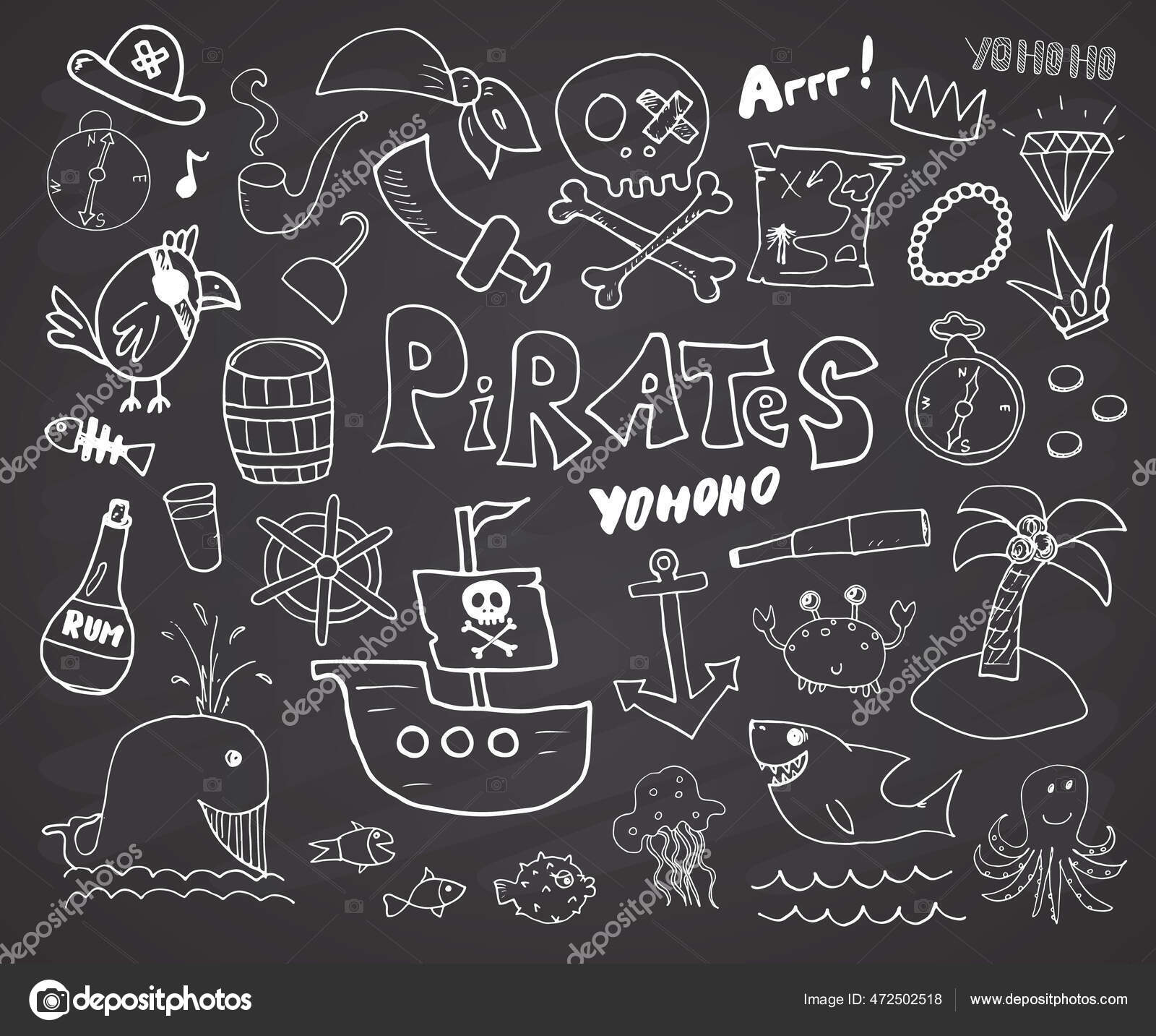 Pirate Doodles Set Cute Pirate Items Sketch Collection Hand Drawn Stock ...