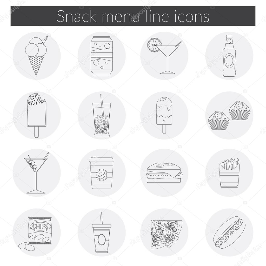 Snack Menu line icons set vector illustration of food, drink, coffee ...