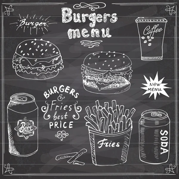 Burger Menu bosquejo dibujado a mano. Cartel de comida rápida con ...