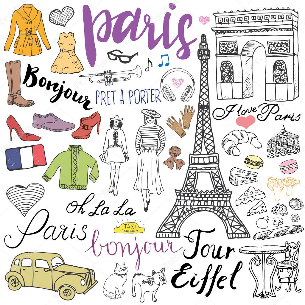 Paris doodles elements. Hand drawn set with eiffel tower bred cafe ...