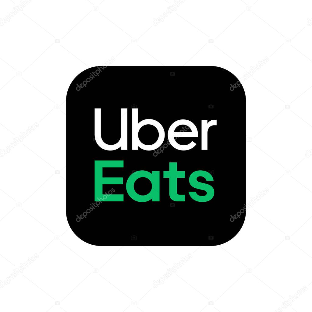 Uber Eats logotipo de la aplicación aislado sobre fondo blanco. Símbolo de entrega de alimentos ...