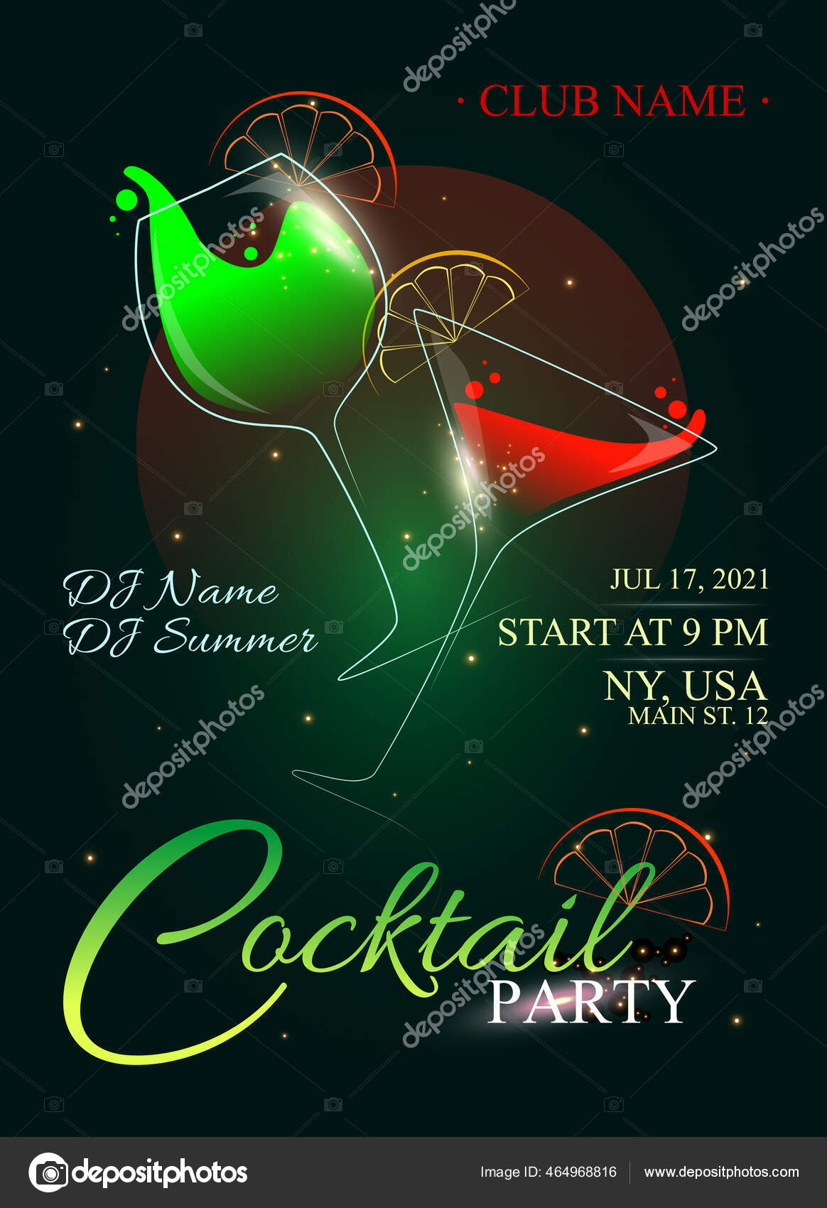 Cocktail Party Invitation Flyer Poster Design Cocktail Glass Dark Green ...