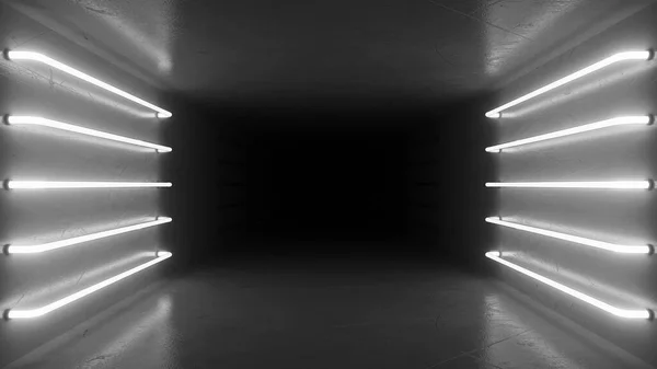 Abstract black room interior with white glowing neon lamps, fluorescent ...