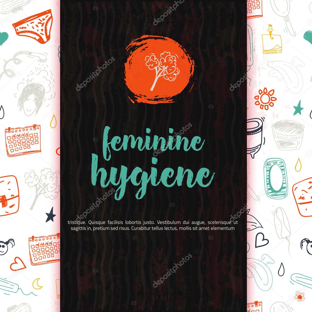 Sketch Feminine hygiene banner design with tampon, menstrual cup, soap ...