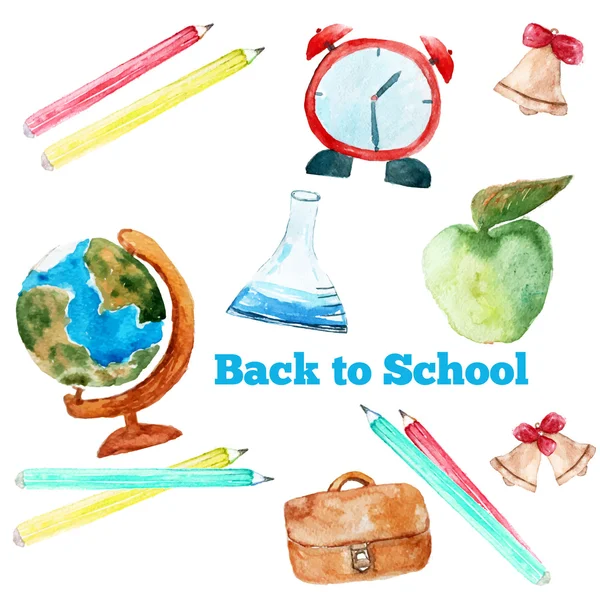 Vector watercolor back to school poster with supplies - alarm clock ...
