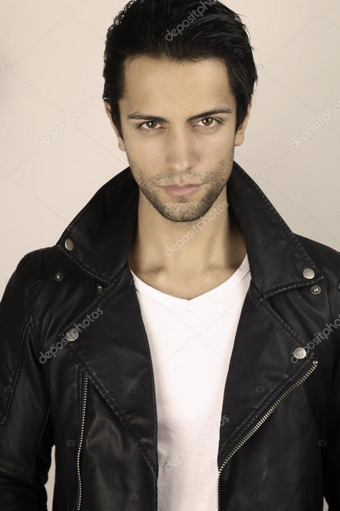 Vintage style - handsome man wearing leather jacket Stock Photo by ...