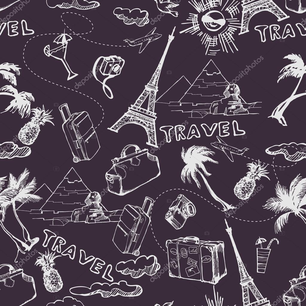 Travel seamless background. Hand drawn summer holidays pattern. Vector ...